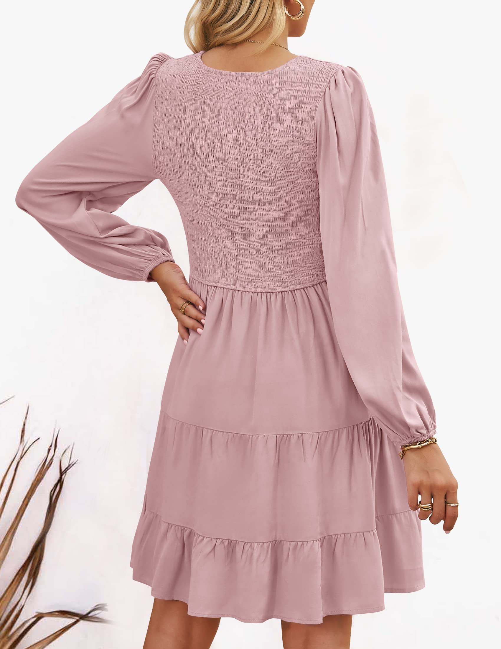 ZESICA Women's Casual V Neck Long Sleeve Smocked High Waist Ruffle A Line Tiered Mini Dress,DarkPink,Medium