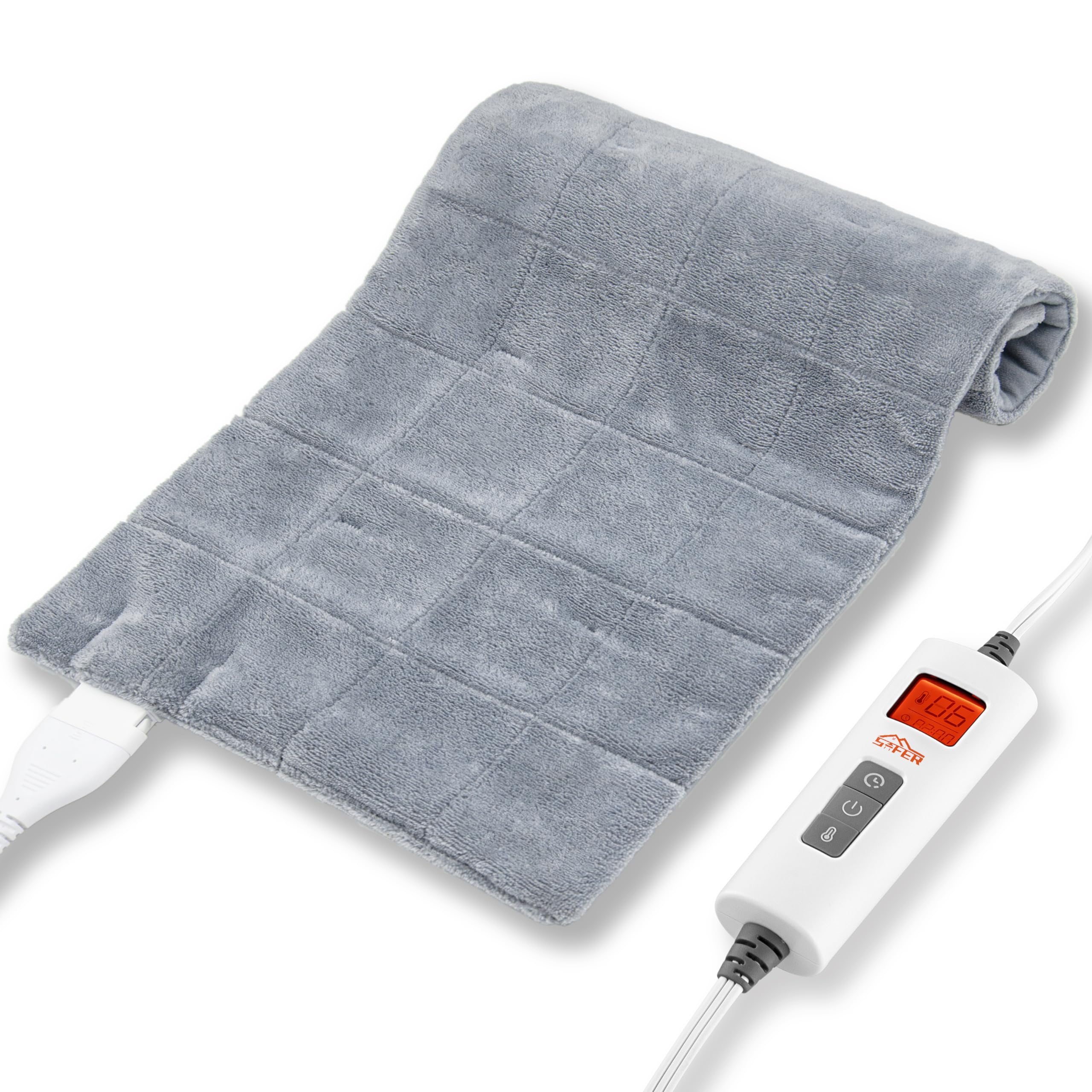 SAFER Electric Heating Pad for Back,Cramps,Neck,Shoulder,Arms,Legs,Abdomen & Knee Pain Relief,Quick-Heat Pad with LCD Control Panel,Auto Shut Off,Machine Washable,12"x24"(Silver Gray )