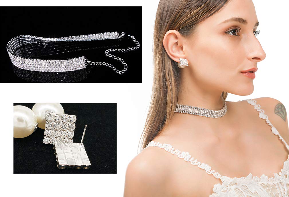 Yamberdoly Rhinestone Choker Necklaces for Women Silver Diamond Choker Necklace Set Sexy Rhinestone Wedding Choker 5 Rows
