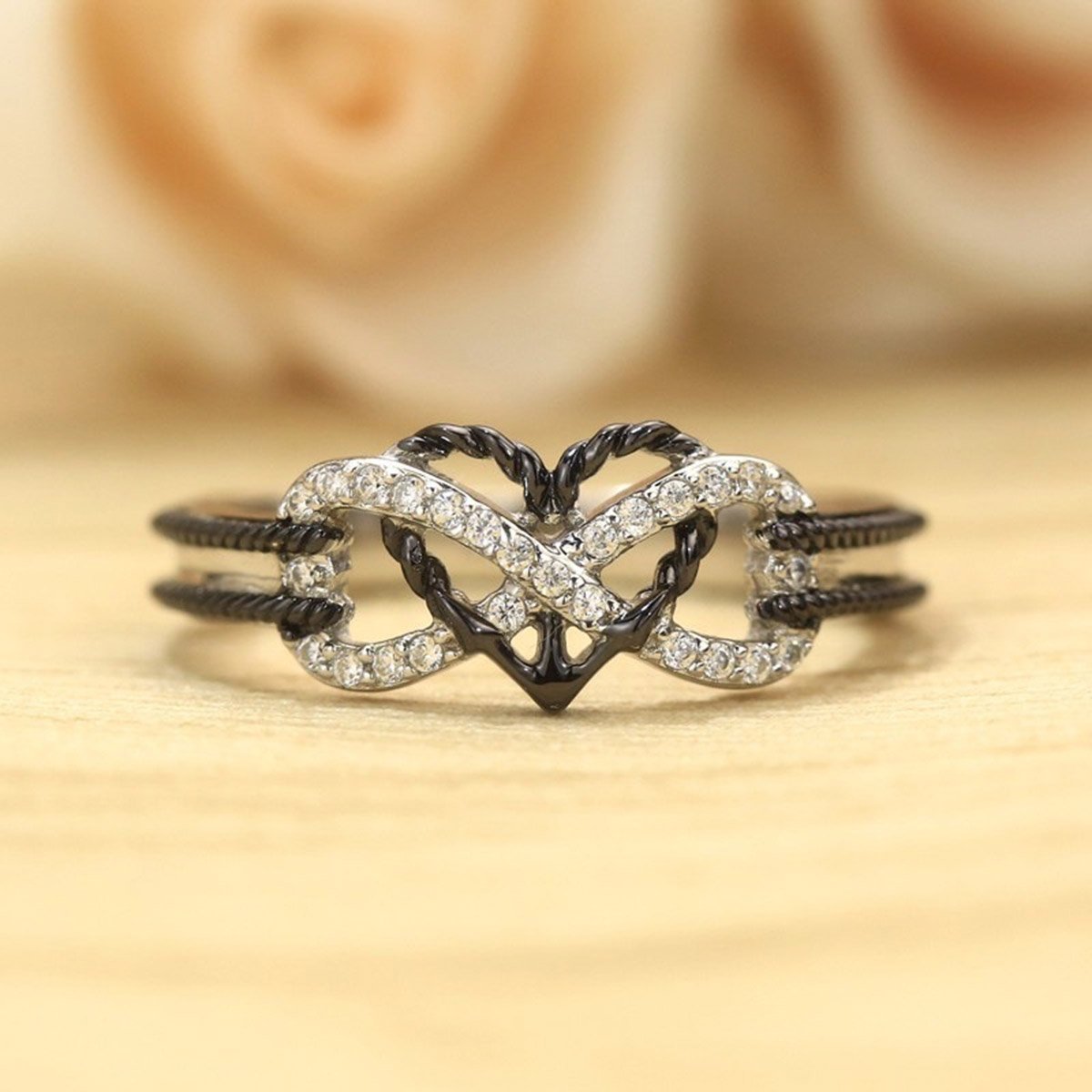 Ztuo Women Infinity Black Gold Two-tones Love Heart Arrow Wedding Engagement Princess Silver Ring 9