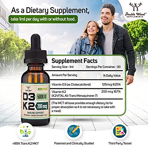 Vitamin D3 K2 5,000 IU Liquid Drops (5,000 IU of D3 and 200mcg of 99.9% All-Trans Patented K2 MK-7 (K2Vital)) Max Absorption Liquid Vitamin D Drops (30 Servings) by Double Wood