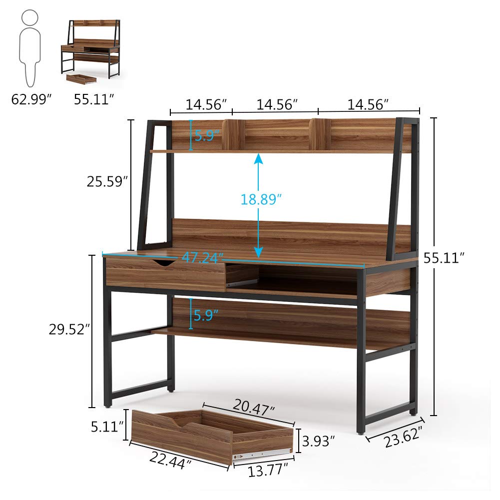 Tribesigns Computer Desk with 2 Drawers and Hutch, Big Home Office Writing Desk with Bookshelf, Craft Desk Workstation Desk (Dark Walnut)