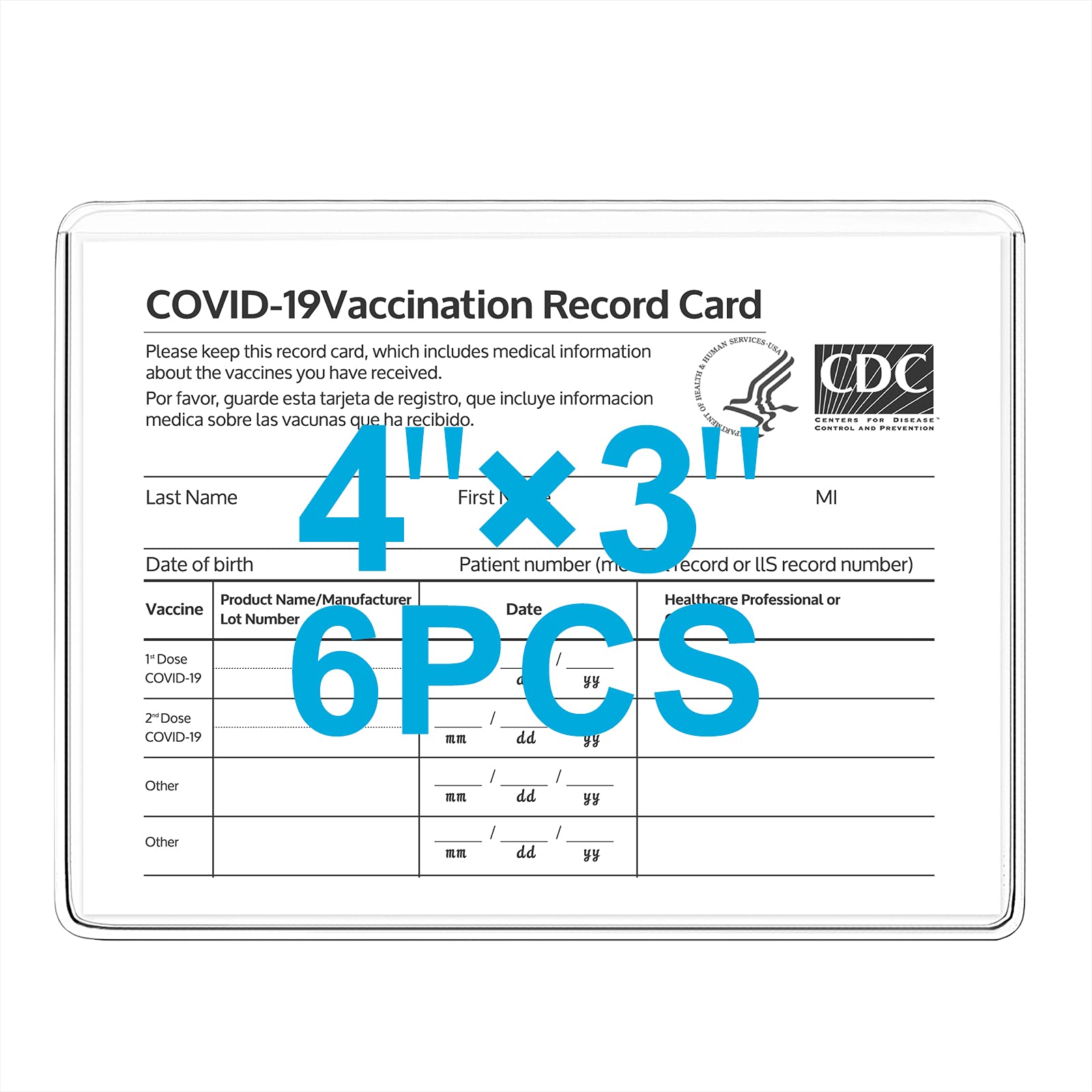 Vaccination Card Protector Sleeves for 4"x3"Card, fit in Wallets and Purses, 6 Pack