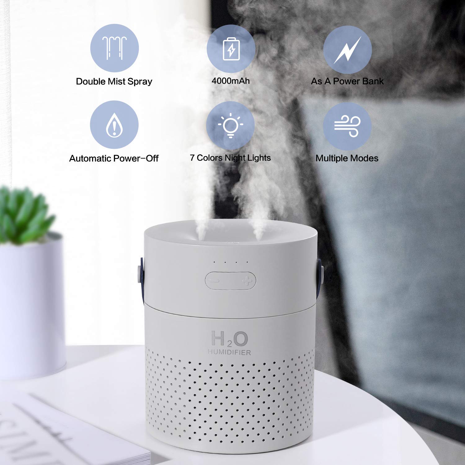 SmartDevil Portable Desk Humidifier,1.1L Cool Mist Humidifier with 4000mAh Battery Operated, Small Humidifier for Home Bedroom Office, Plants, Double-Head Spray, Colorful Night Light Function (Grey)