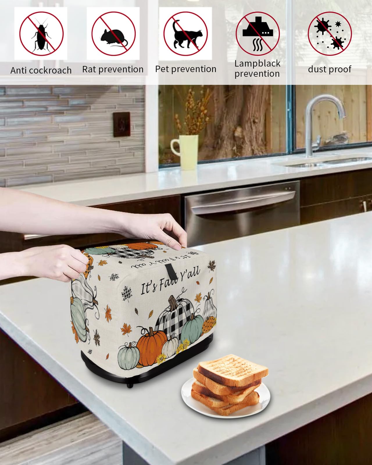 Toaster Cover, 4 Slice Toaster Cover Thanksgiving Fall Funny Pumpkin Linen Texture Kitchen Small Appliance Covers, Dust and Machine Washable Bread Maker Cover (12w X 11d X 8h)