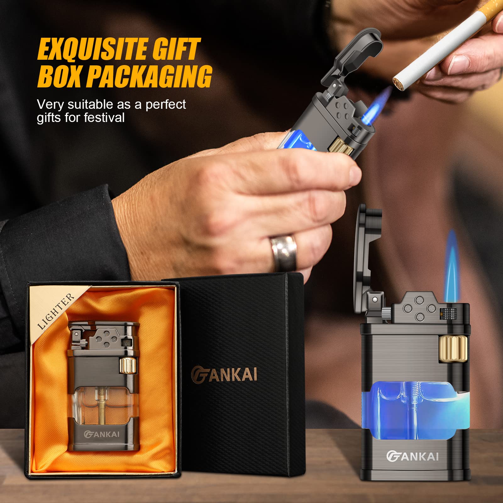Torch Lighter with LED Light,FANKAI Butane Lighter Single Jet Flame-Butane Torch Lighter with 6PCS Replaceable Flints,Refillable Cool Lighters with ABS Fuel Tank,Retro Grinding Wheel Windproof Lighter
