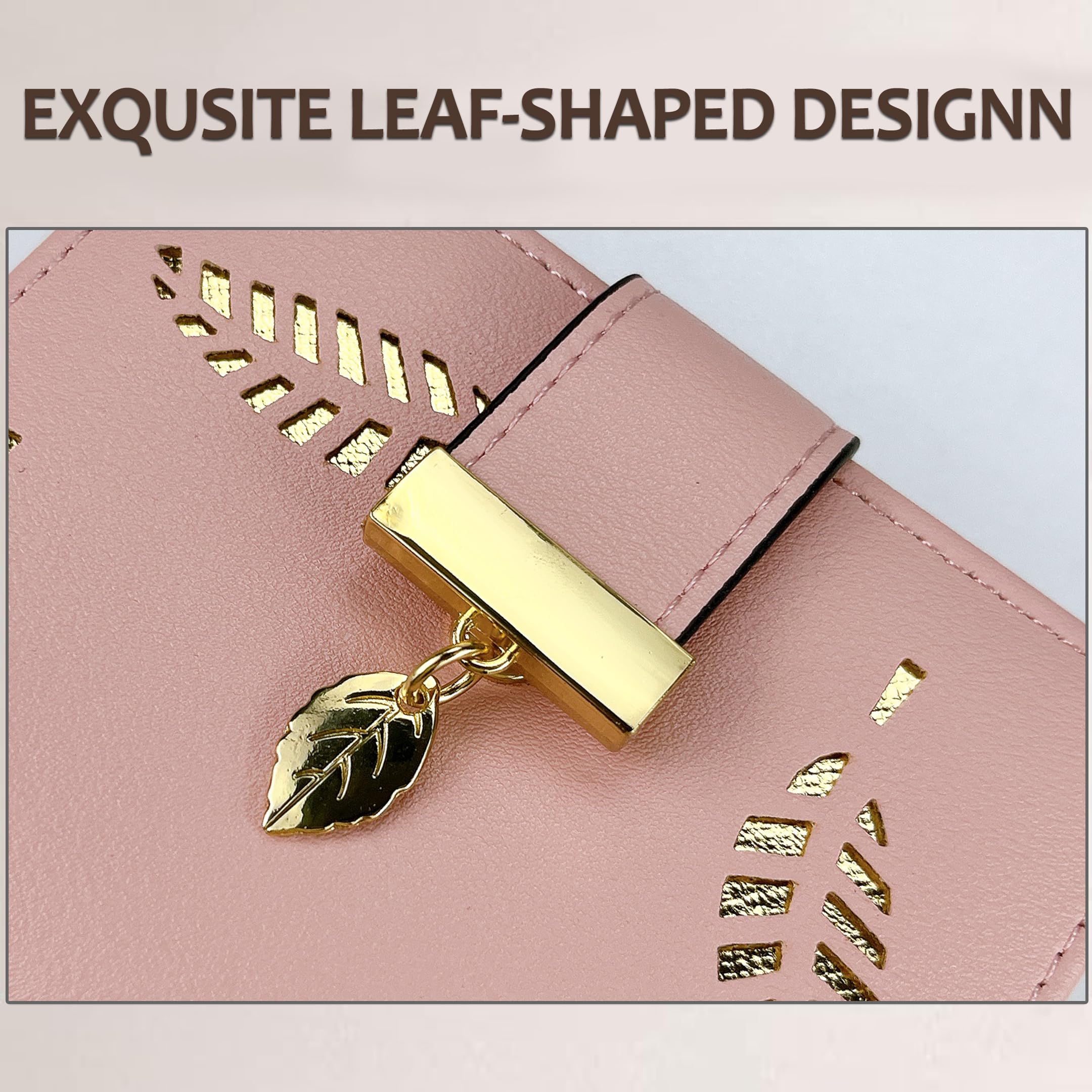 VODIU Women's Short Purse Leather Medium Wallet Leaf Bifold Card Coin Holder Small Purses Buckle Zipper Clutch