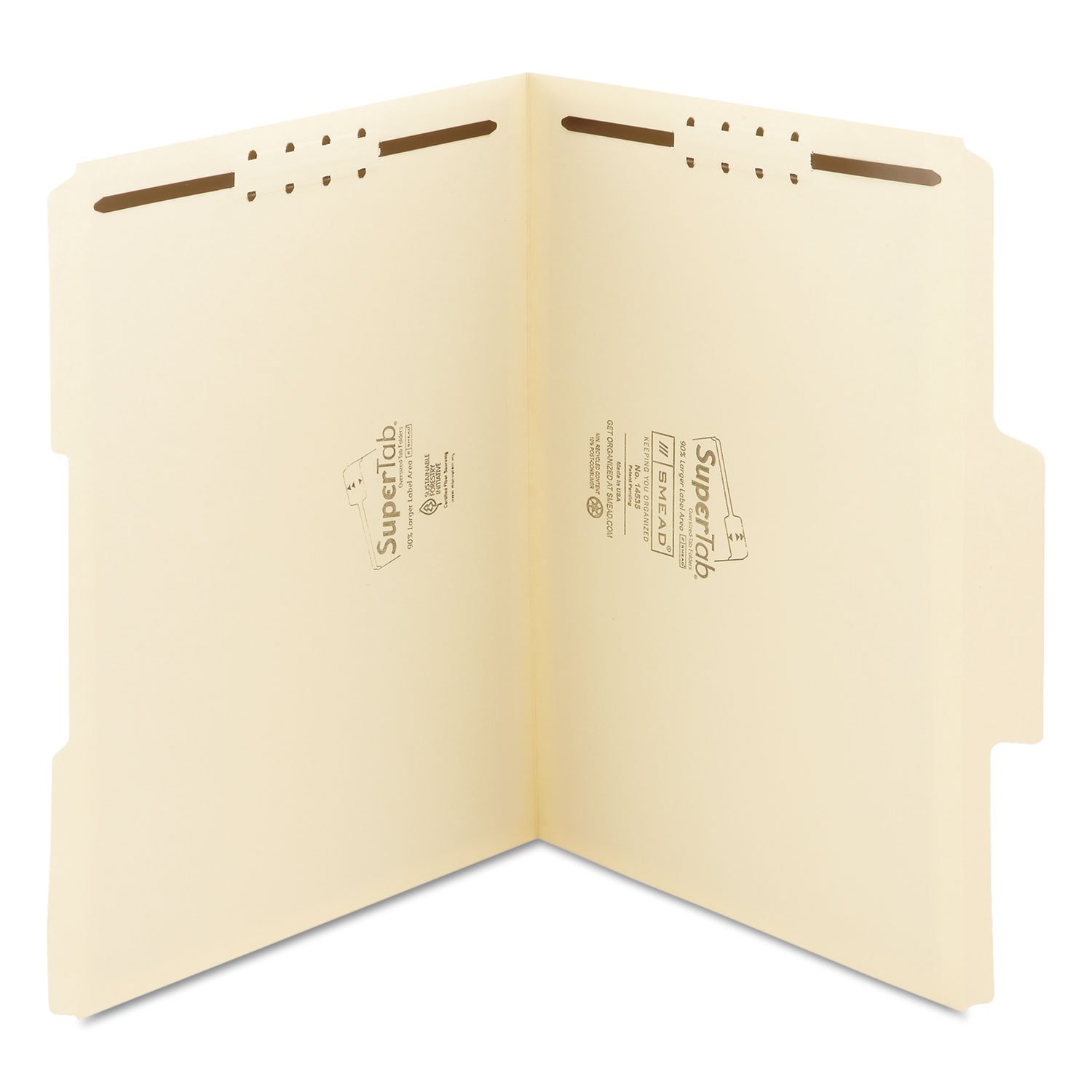 Smead SuperTabĀ® Fastener File Folder, 2 Fasteners, Oversized Reinforced 1/3- Cut Tab, Guide Height, Letter Size, Manila, 50 Each per Box (14535)