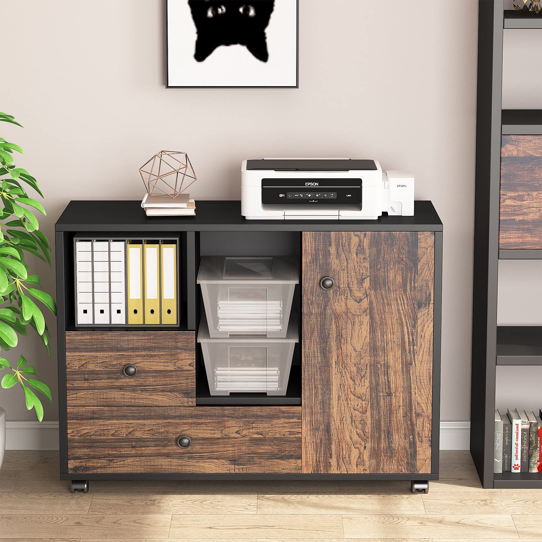 Tribesigns Lateral File Cabinet 2 Drawer,Wood Filing Cabinet with Wheels,Printer Stand with Storage Shelves for Home Office,Black & Brown