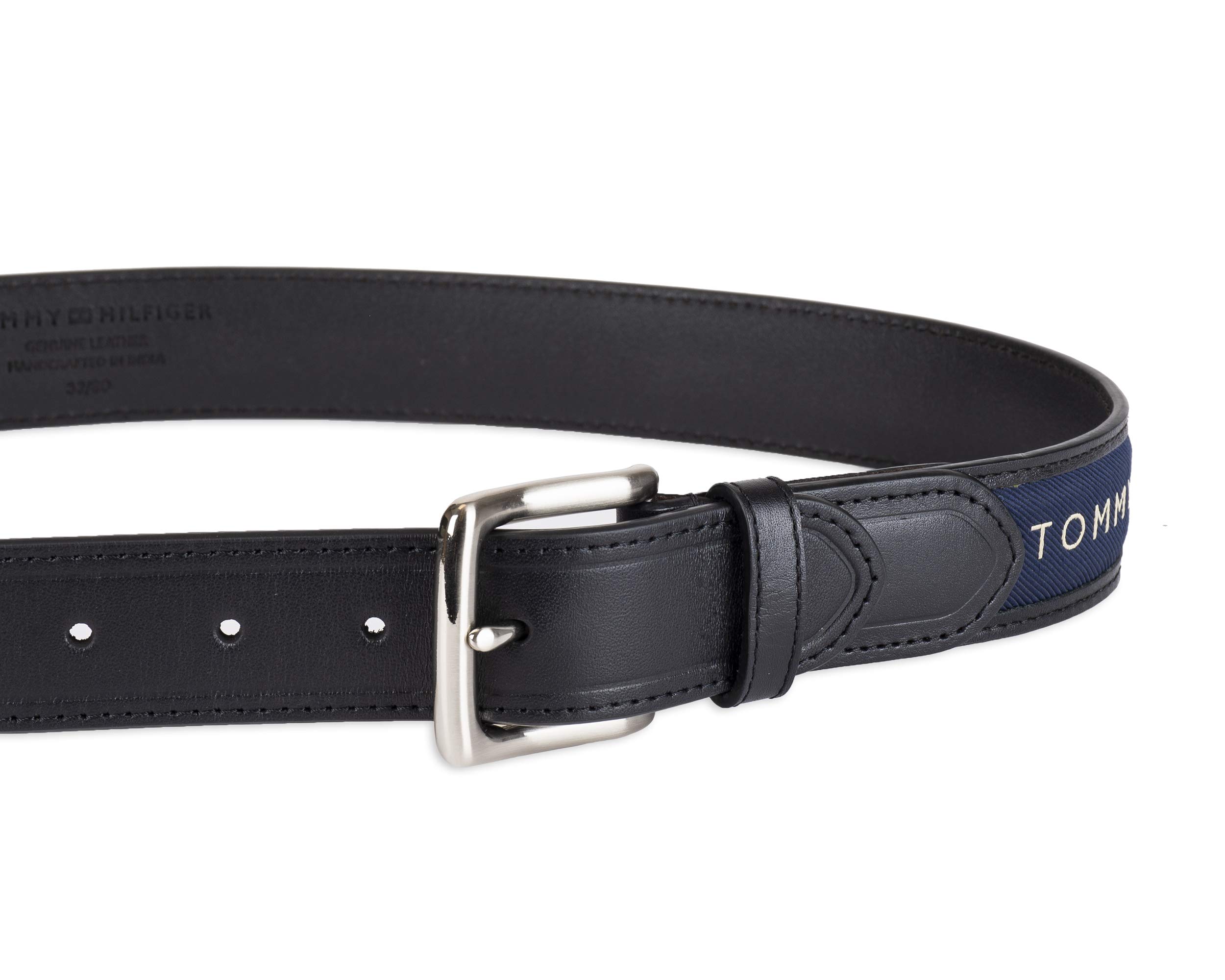 Tommy Hilfiger Men's Ribbon Inlay Belt - Ribbon Fabric Design with Single Prong Buckle, Black/Navy, 36