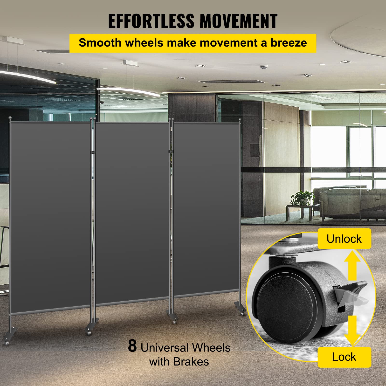 VEVOR Room Divider 6ft, Room Divider Wall 3 Panels, Partition Room Dividers 89"x73", Folding Room Divider, Panel Room Divider, Folding Privacy Screen with Wheels (Black) for Home, Dorm, Office