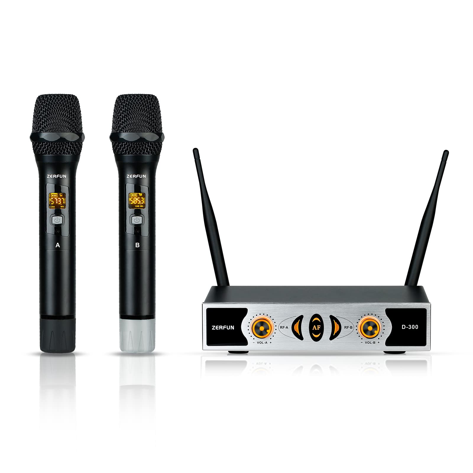 ZERFUN D-300 Wireless Microphones, UHF Wireless Microphone System, Dual Metal Handheld Wireless Mics Cordless Microphone for Singing Karaoke Church Conference, 100 UHF Adjustable Frequency, 200FT