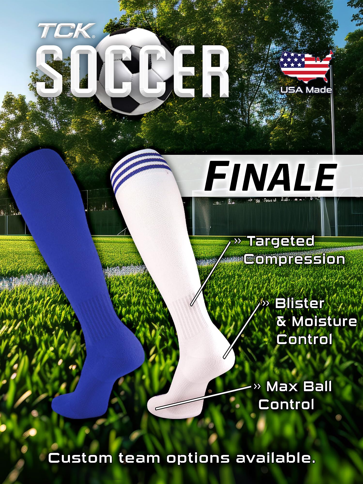 TCK Elite Finale 3 Stripe Soccer Socks (Gold/White, Medium)