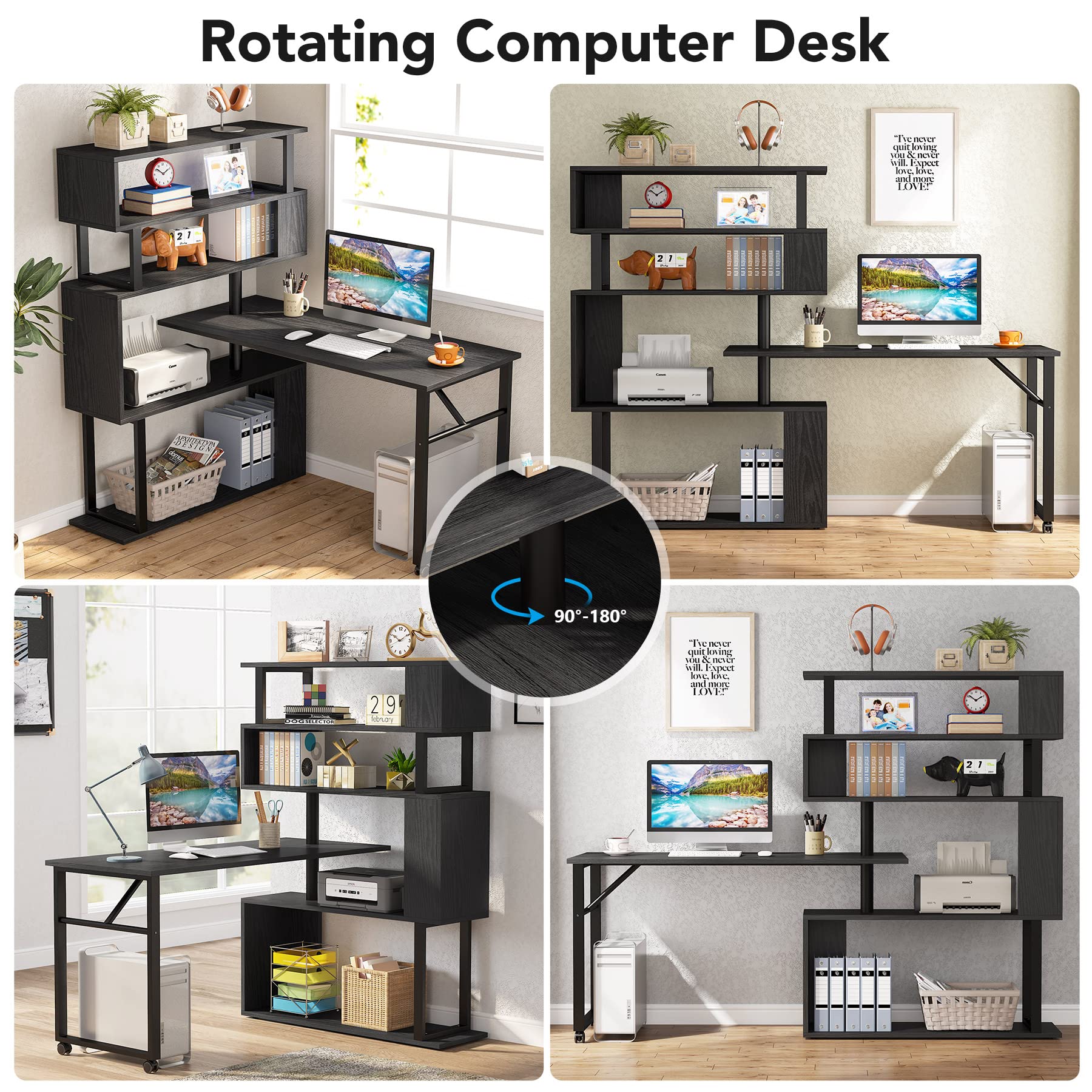 Tribesigns Rotating Computer Desk with 5 Shelves Bookshelf, Modern L-Shaped Corner Desk with Storage, Reversible Office Desk Study Table Writing Desk with Wheels for Home Office (Matte Black)