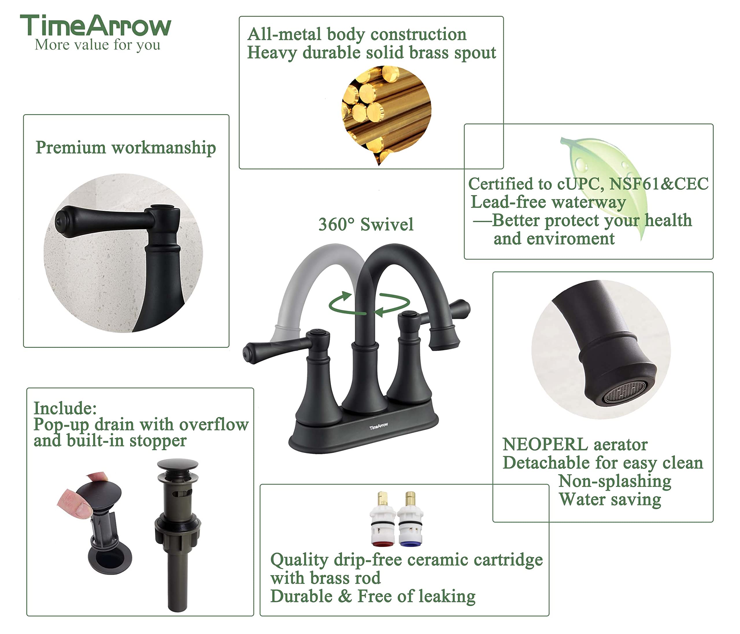 TimeArrow Matte Black 2 Handle Centerset Bathroom Sink Faucet 3 Holes with Drain Assembly, High Arc Modern 4 Inch Bathroom Vanity Lavatory Faucet with Brass 360° Swivel Spout, TAF067Y-MB