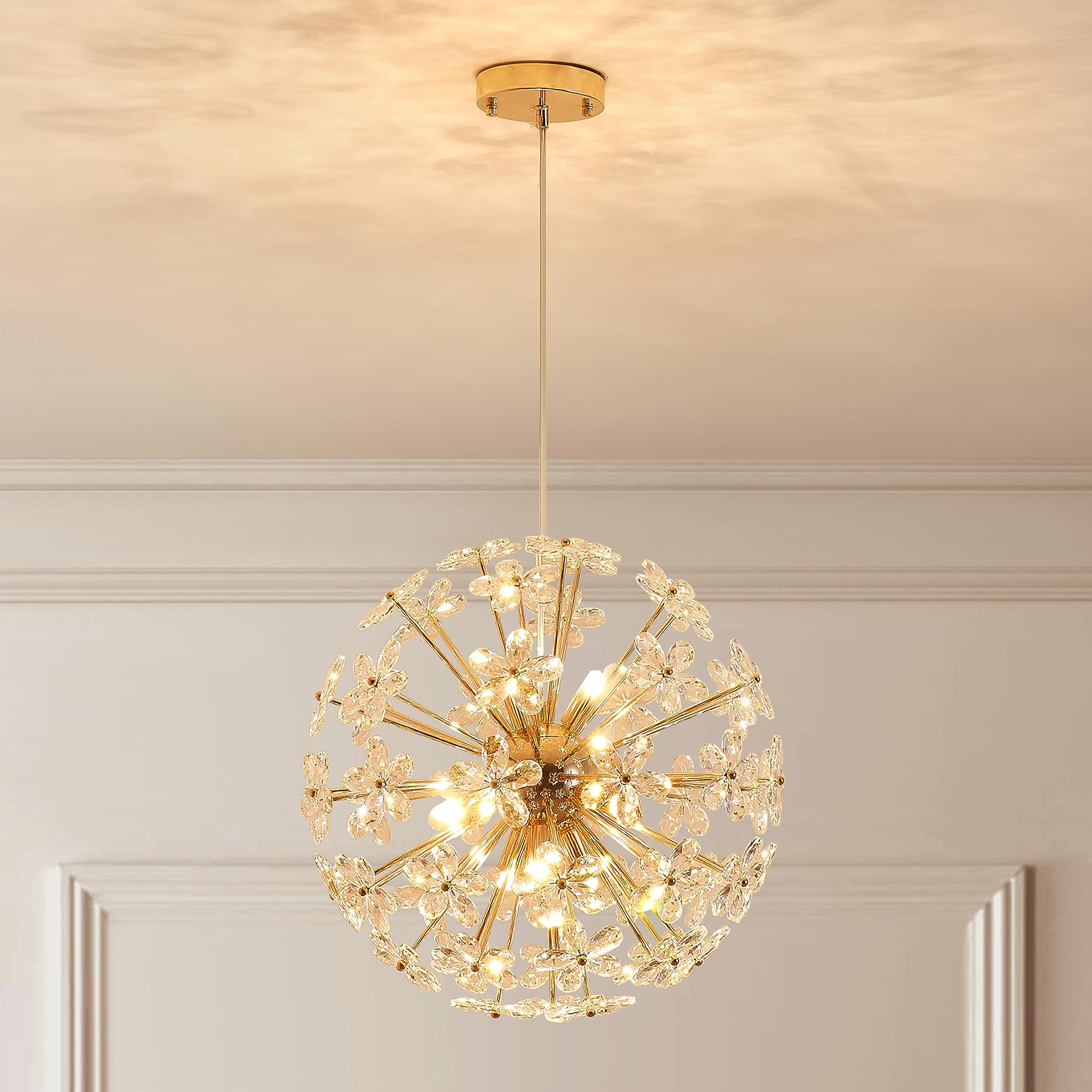 Shrine LIGHTING Dandelion Crystal Chandeliers, Modern Design, Firework Pendant Light Fixture for Living Space, H17'' x D17'', Adjustable Chains 59'', G9*9 Sockets, Brilliant Gold Finish Frame