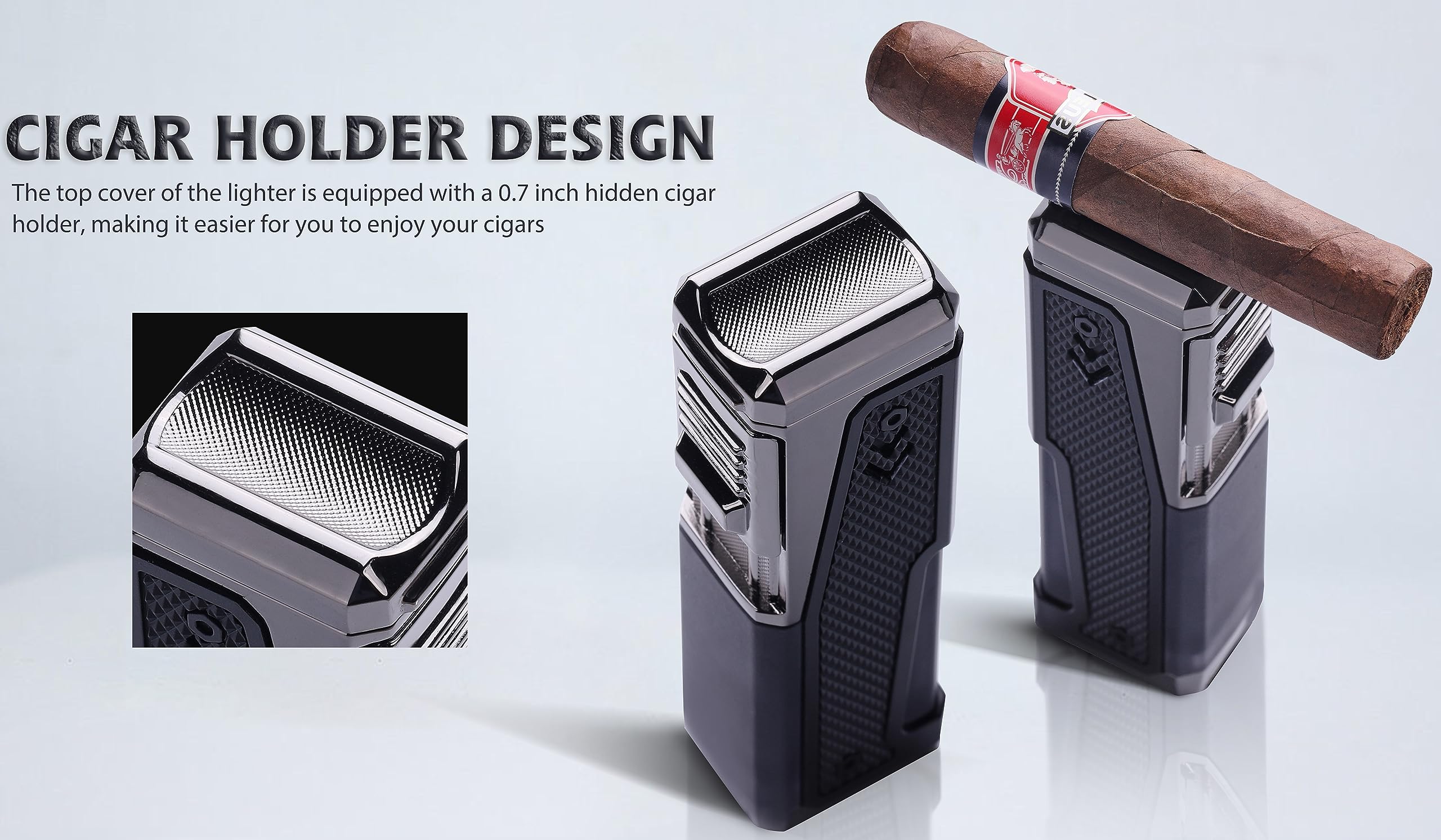 TOMOLO Torch Lighter Cigar Lighter Quadruple Flame Butane Refillable Lighter with Cigar Holder, Cigar Punch Built in, 2 Pack (Gas Not Included) (Black)