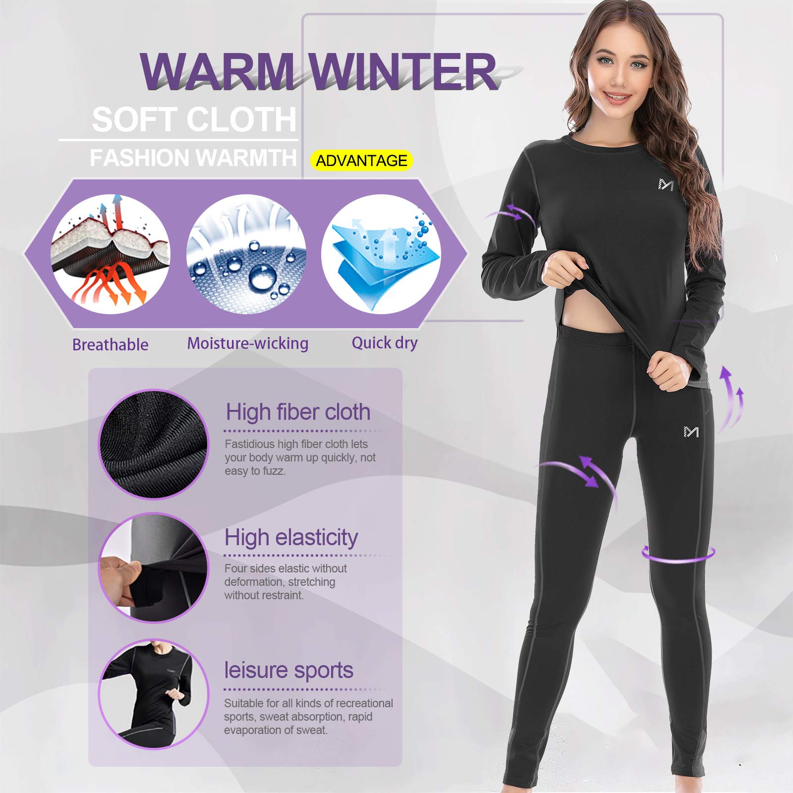 Women's Winter Underwear Set, Sport Thermal Long Johns Base Layer, Outdoor Compression Gear Top & Bottom for Skiing Running (Grey, XX-Large)
