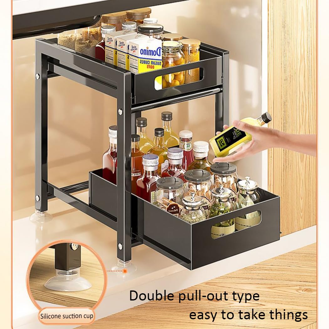 Under Sink Organizer and Storage - PFDHQS Upgraded All Metal, 2 Layers Pull-Out, Large Capacity - Ideal for Bathroom and Kitchen Cabinet Organization and Storage (Black-1Piece)