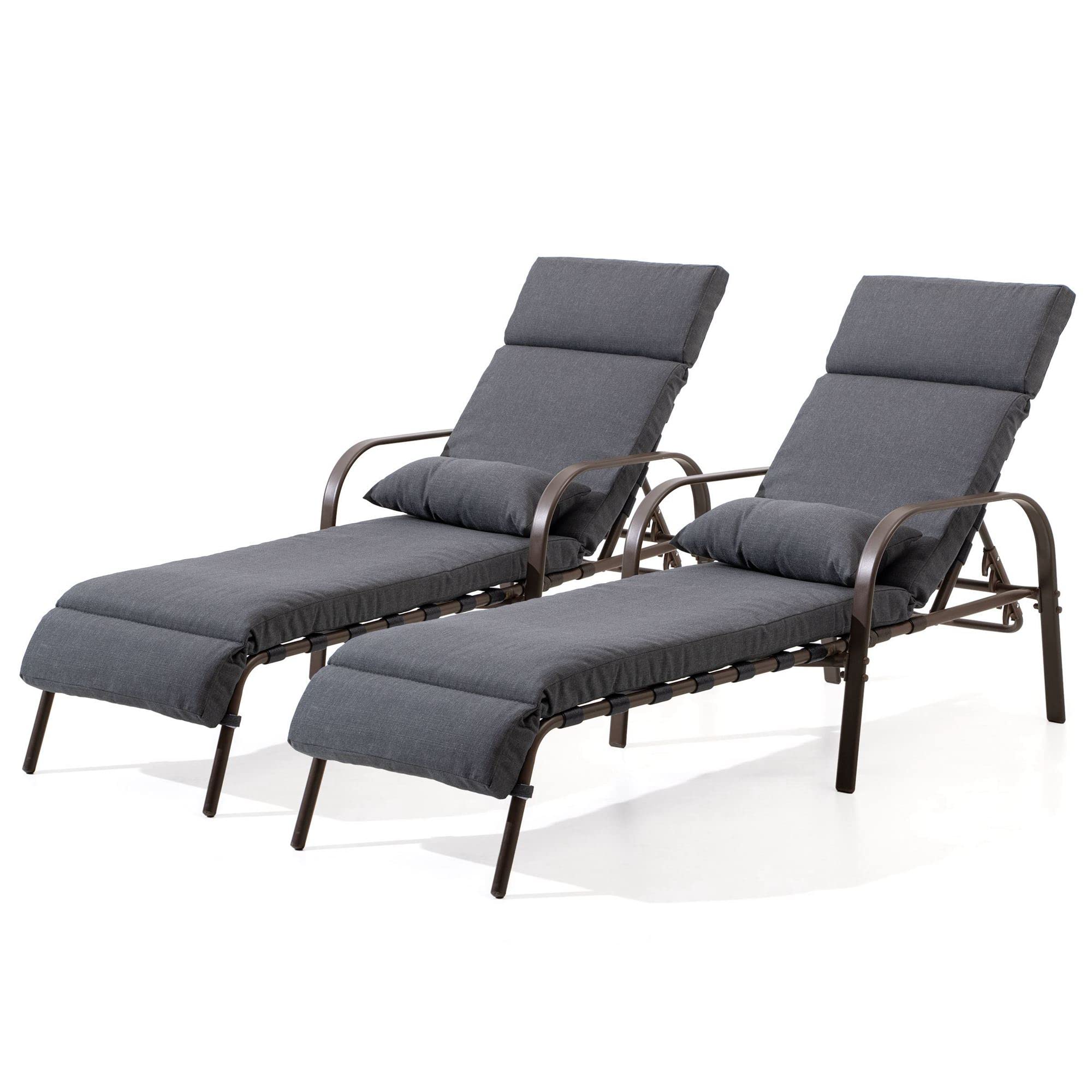 Pellebant Patio Chaise Lounge Chair with Cushion, Adjustable Lounge Chair with 5 Positions, Outdoor Recliners All Weather for Pool, Beach and Yard, 2 Pcs,Dark Grey