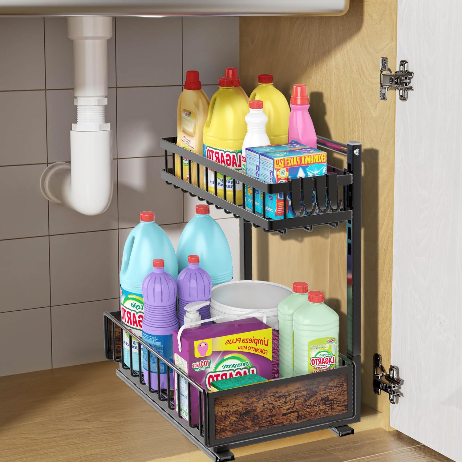 Under Sink Organizers 2 Tier - Kitchen Under Sink Organizer Storage Metal,Pull Out Cabinet Organizer,Adjustable Height Organizer with Hooks,Sturdy Slide Out Storage for Kitchen Bathroom Cabinet