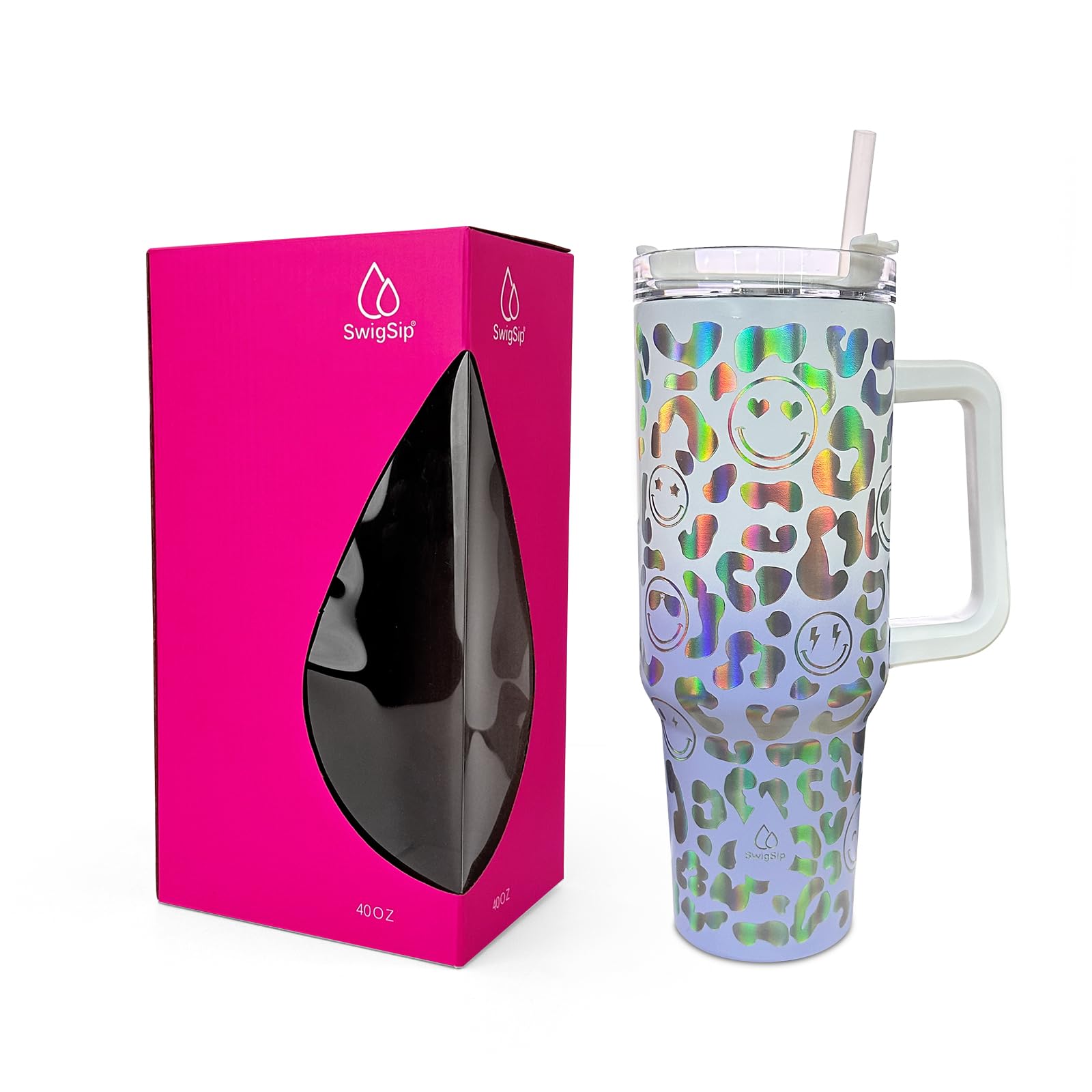 Swig Sip 40oz Leopard Tumbler - Double Wall Stainless Steel Dishwasher Safe Vacuum Insulated Travel Tumblers with Handle & Straw (White Purple)