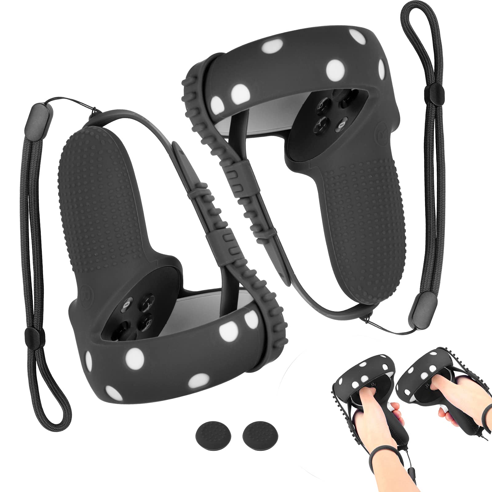 Touch Controller Grip Cover for Oculus Quest 2, Anti-Throw Controller Grip Oculus Quest 2 Accessories with Adjustable Wrist Strap and Anti-Throw Knuckle Strap - Black