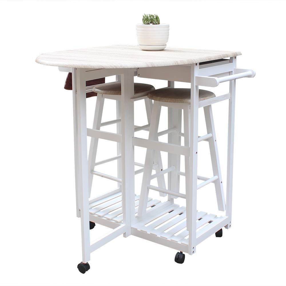 UDeuxff Bar Table and Chairs Set,Solid Wood Folding Dining Cart with 2 Free Stools for 2,Kitchen,Small Spaces (B)