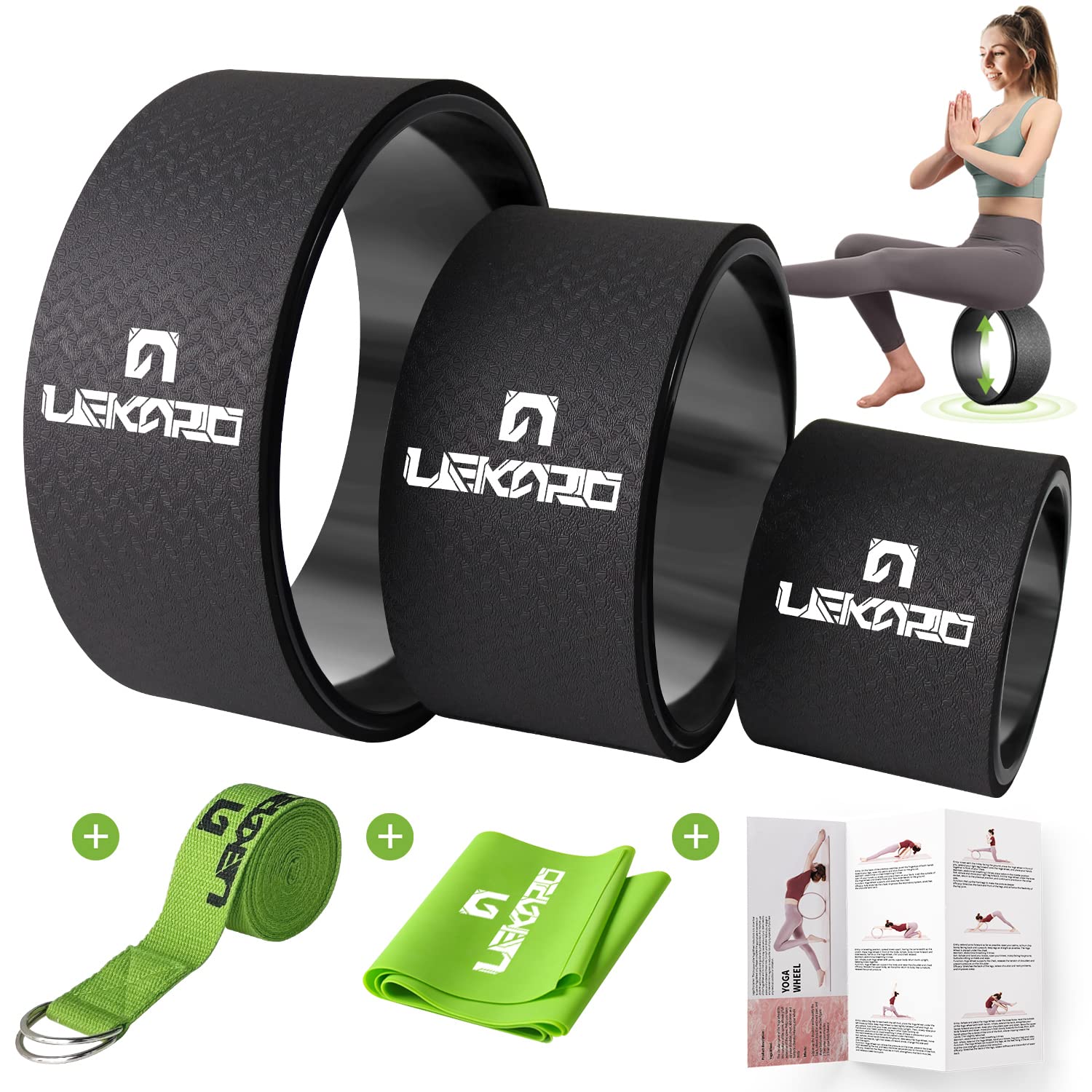 Yoga Wheel Set 9 in 1, Yoga Starter Kit for Beginner, Back Roller for Pain Relief & Deep Tissue Massage, Stretching, Improving Backbends, Size 13''