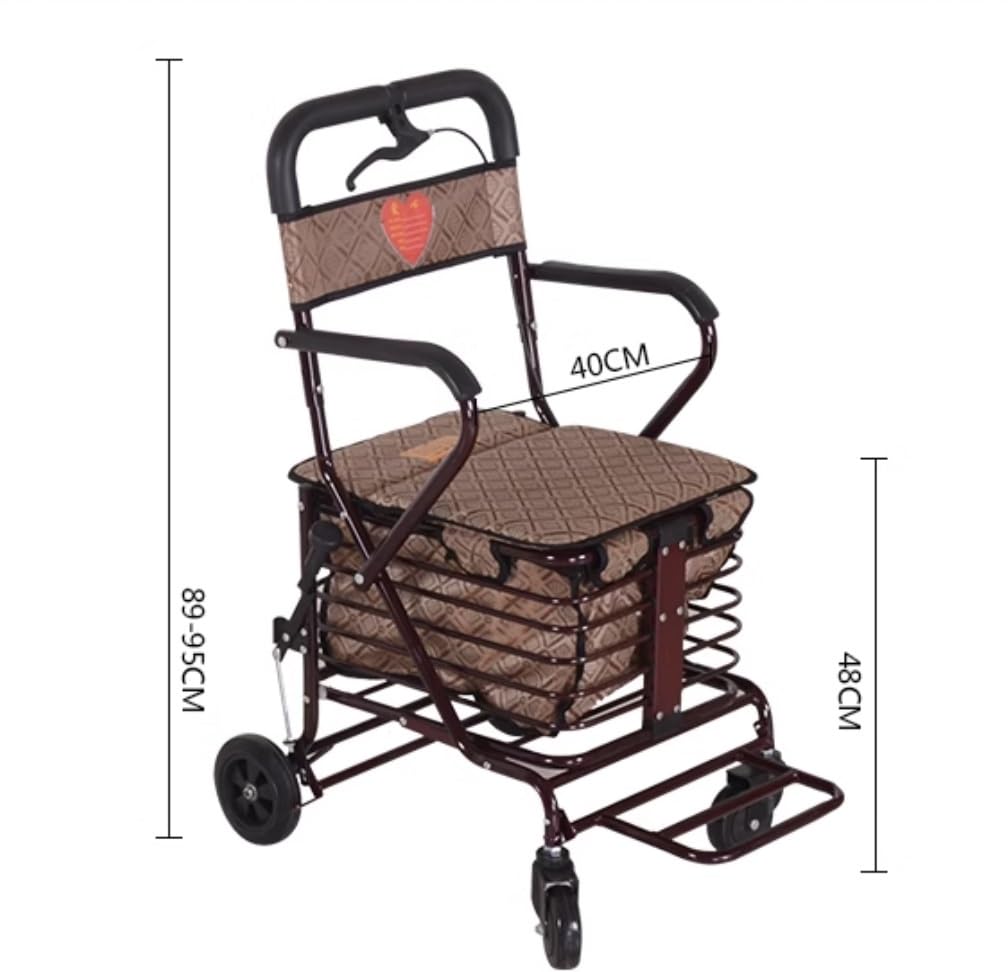 XDMINGY Folding Shopping Cart, Shopping Cart 4 Wheels Walking Rollator Folding Mobility Walking Aid, Height Adjustable Seat Elderly Walker Grocery Utility Carts, 89*40cm
