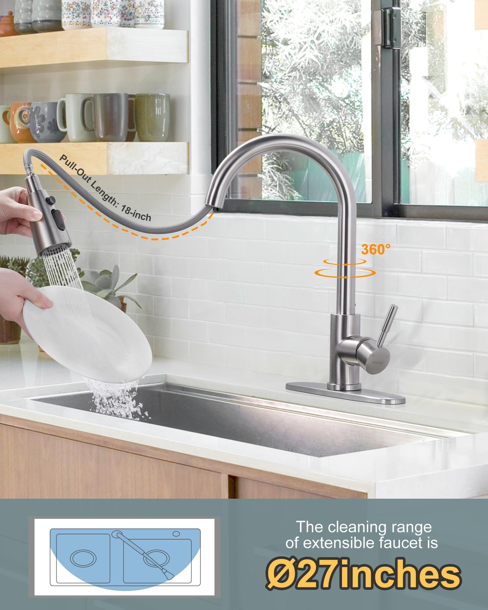 WOWOW Kitchen Faucet with Sprayer, Kitchen Sink Faucet, SUS 304 Stainless Steel, High Arc Single Handle Brushed Nickel Kitchen Faucets with Pull Down Sprayer, Pull Out Kitchen Faucet with Deck Plate