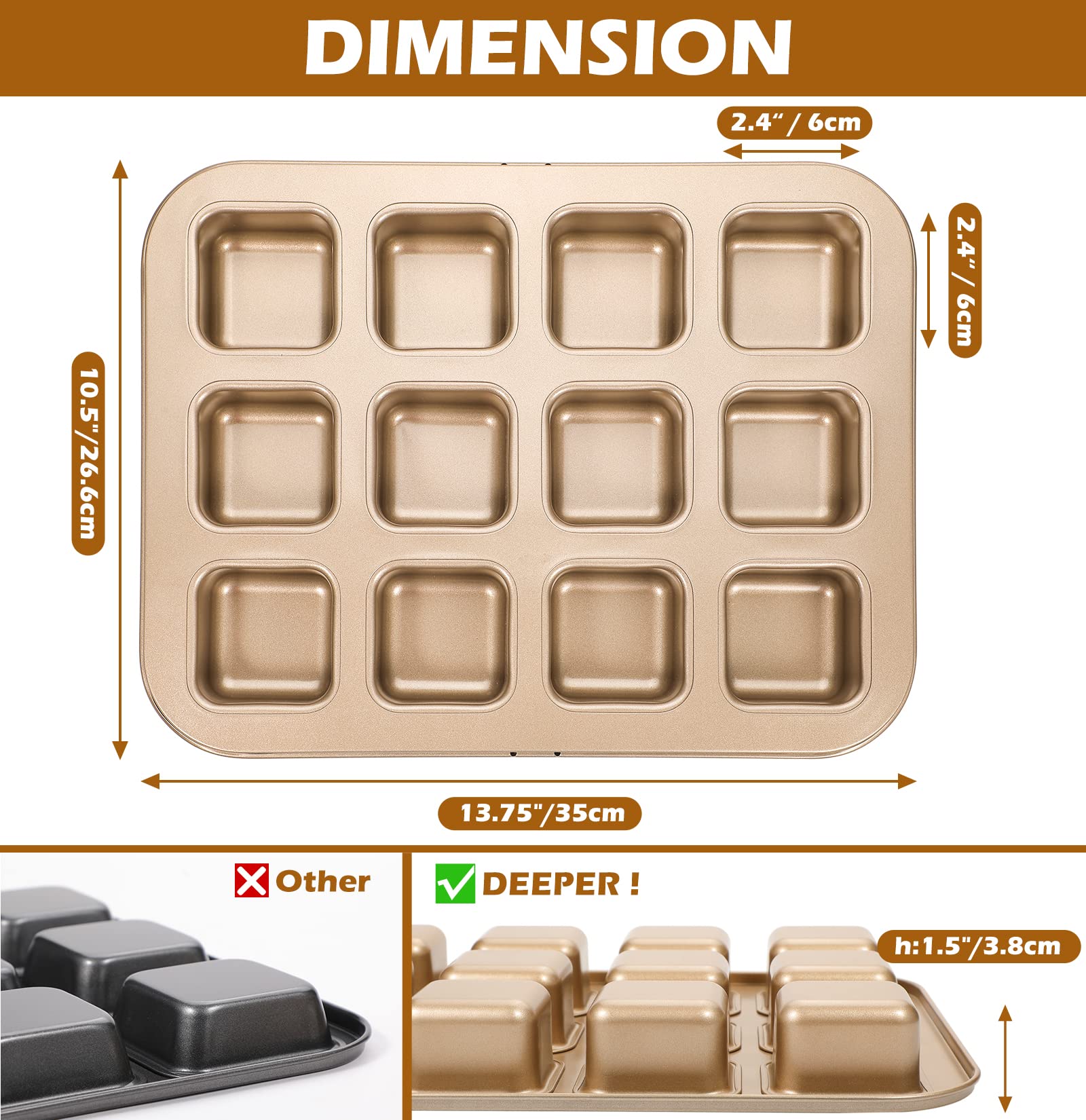 Webake Brownie Cake Pan, 12-Cavity Non-Stick Square Muffin Pan 1.6 Inch Deep Brownie Mold Small Cake Pan Bakeware for Oven Baking (Champagne Gold)