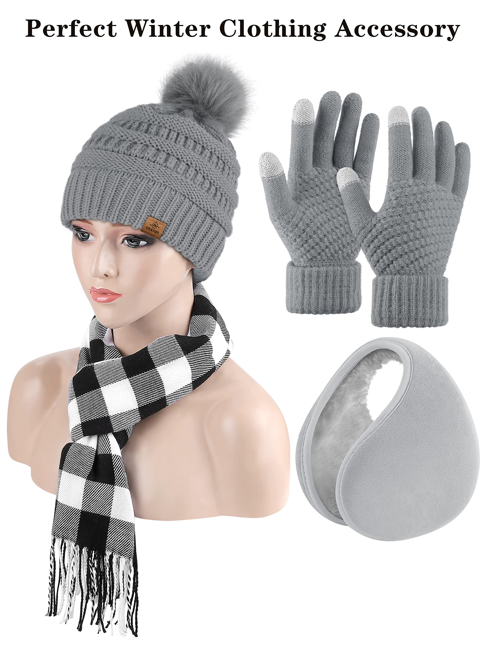 URATOT Beanie Hat Scarf Gloves 4 in 1 Winter Set Knitted Scarf Hat Touch Screen Gloves and Winter Ear Warmer for Unisex