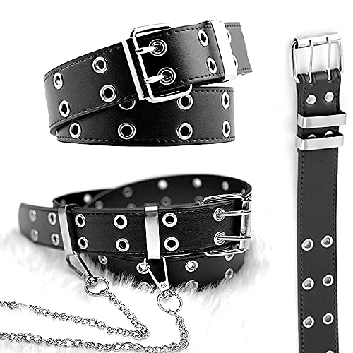UTOWO Women Grommet-Belt with Chains Waist Belt Punk Style PU Leather (Black1) (free, Black1)
