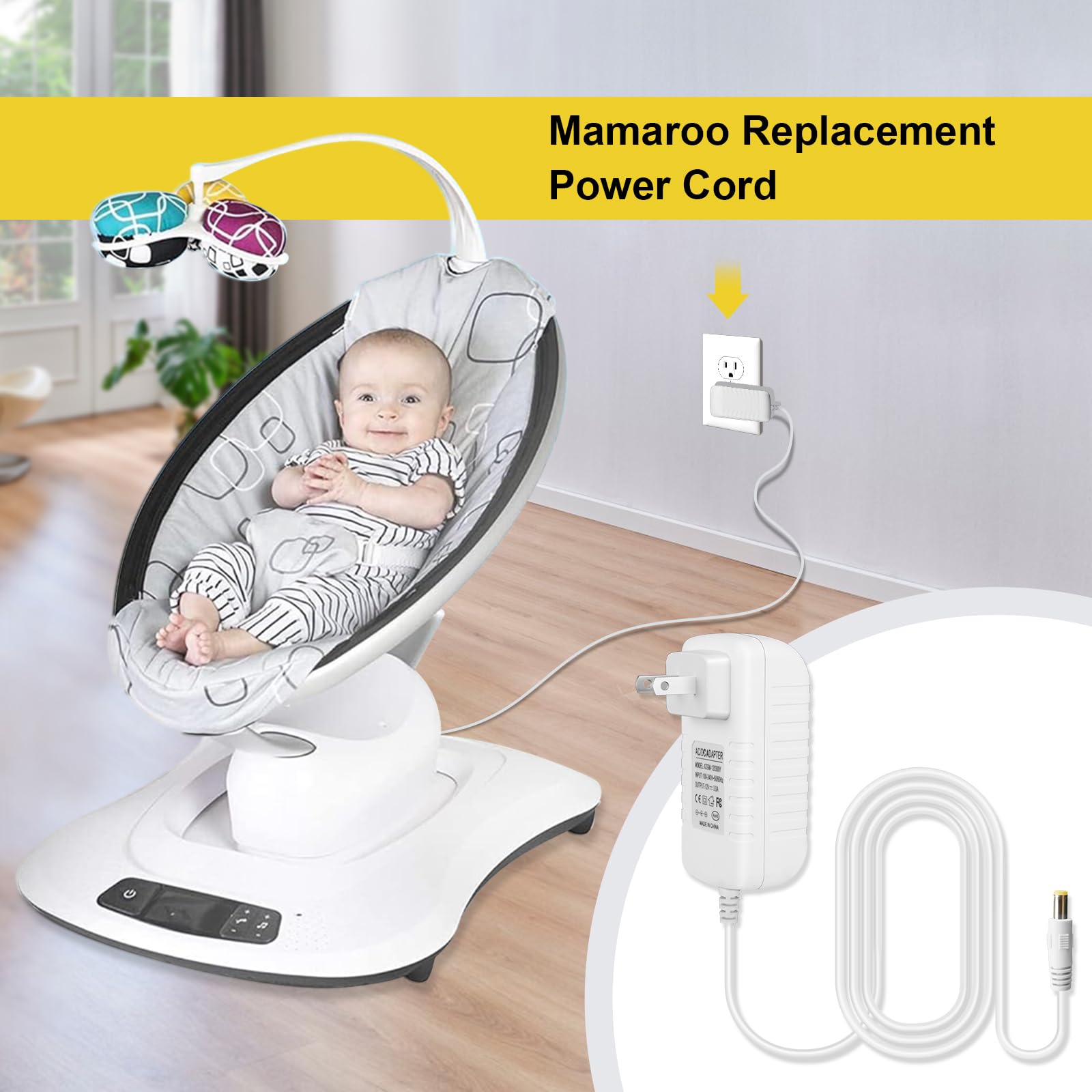 UAUSE 12V 3A Replacement for 4moms mamaroo Power Cord,for 4moms mamaroo 2/4,Rockaroo Baby Swings Charger,Compatible with mamaroo 2015 Infant Seat Bouncer (6.4Ft Length)