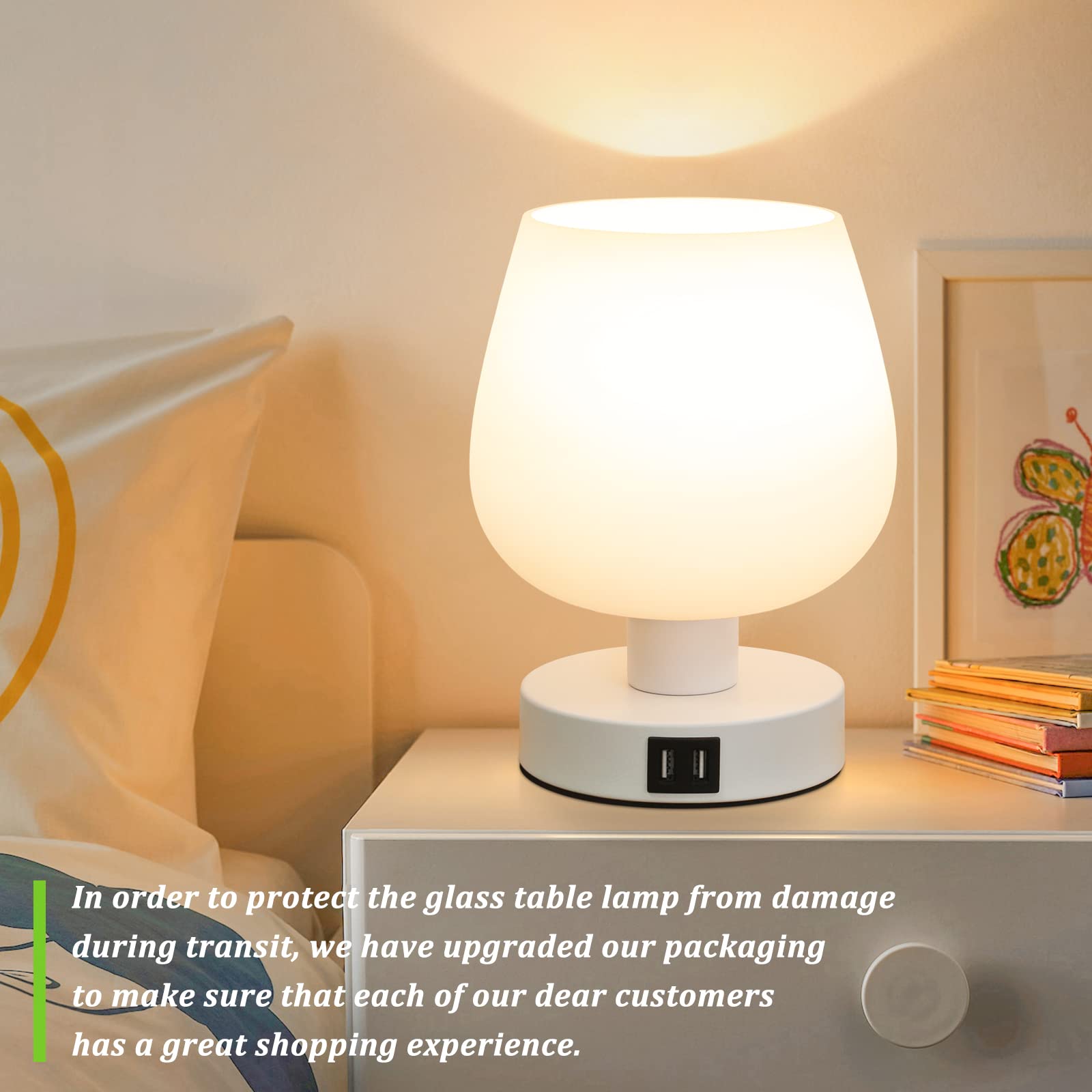 Touch Control Bedside Table Lamp with 2 USB Ports, Dimmable Small Nightstand Lamp for Bedroom, Modern Desk lamp with White Glass Lampshade, with 2700K-6000K Adjustable Color Temperature Bulb