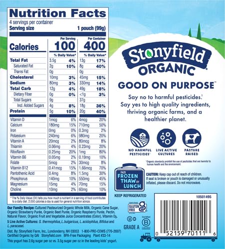 Stonyfield Organic Kids Strawberry Beet Berry Whole Milk Yogurt Pouches, 3.5 oz., 4 Ct – Real Fruit and Veggie; On The Go Snack and Breakfast Addition