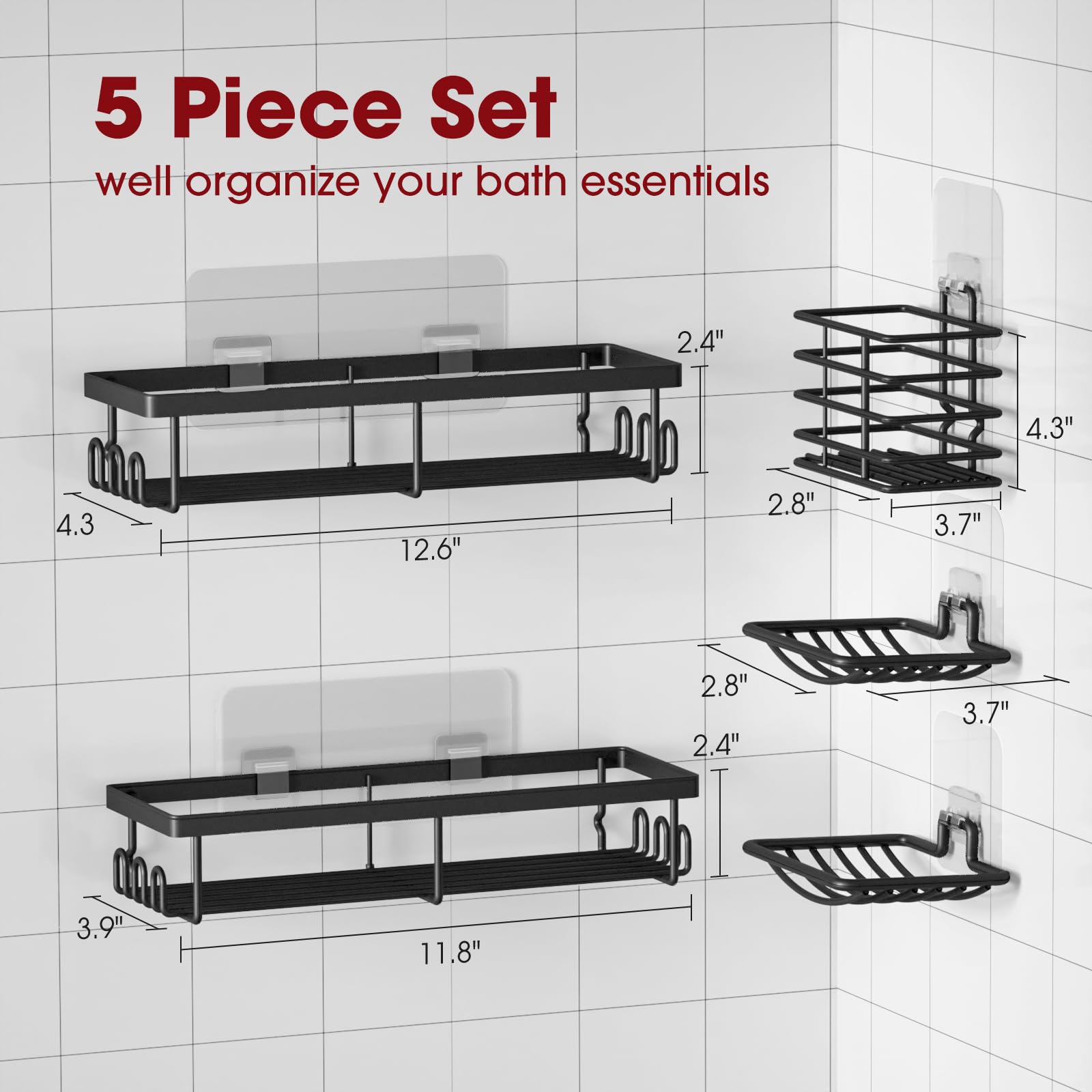 Sakugi Shower Caddy 5 Pieces - Stainless Steel Shower Organizer, Rustproof Bathroom Shower Shelves for Inside Shower, Black