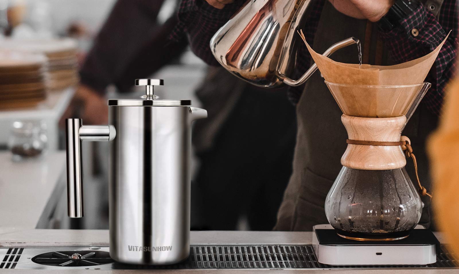 vitasunhow Insulated French Press Coffee Maker Stainless Steel Double-Wall Metal 3 Level Filtration System, Rust-Free Dishwasher Safe