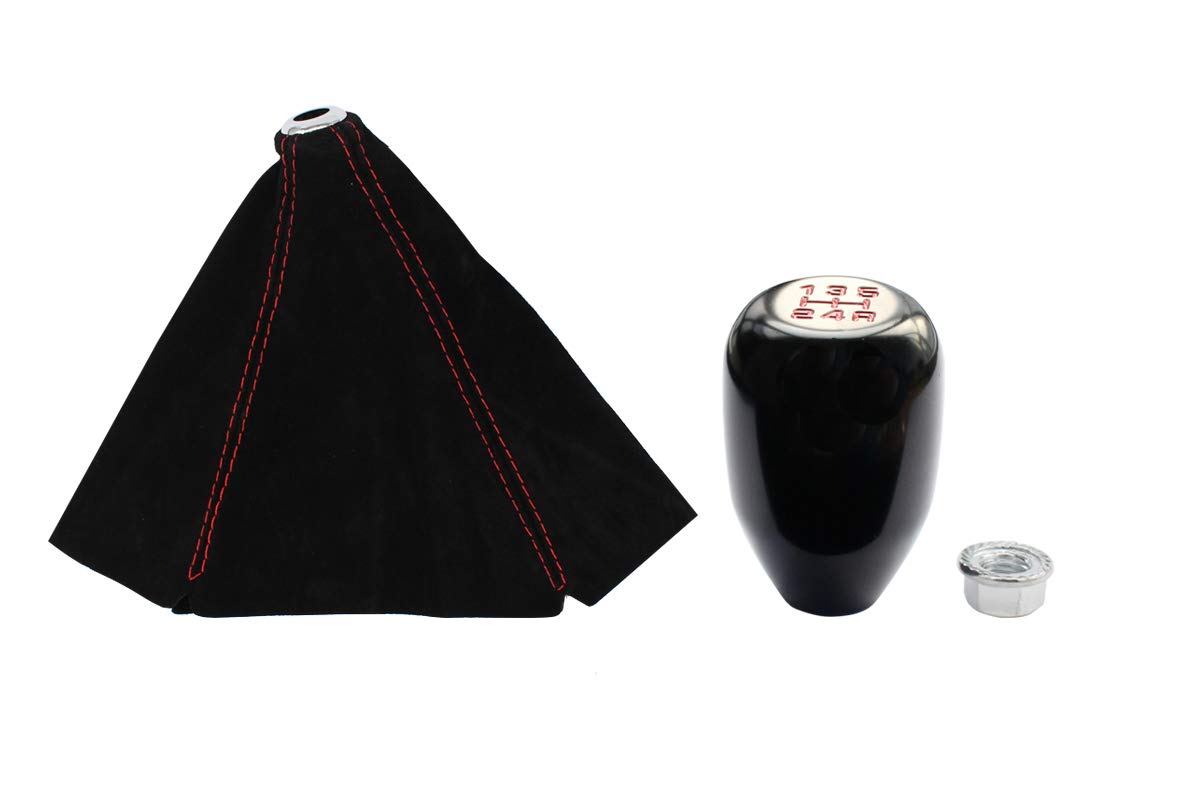 XtremeAmazing Black/Red Stitching Suede Manual Shifter Shift Boot Knob Cover + 5 Speed Manual Shift Knob with M10x1.5 Screw Nuts Adapter for JDM Honda Acura
