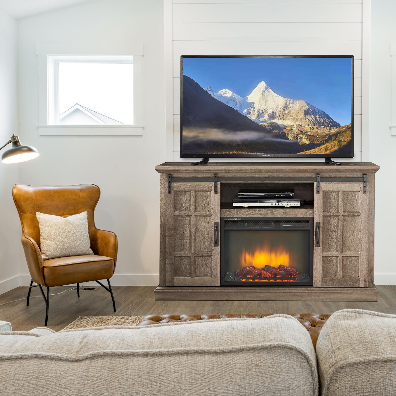 Unineo Farmhouse Fireplace TV Stand up to 65 Inch, Modern Entertainment Center Media Console with 24’’ Fireplace, Sliding Barn Door with Storage Cabinets, Adjustable Flame Effects, Remote Control, Oak