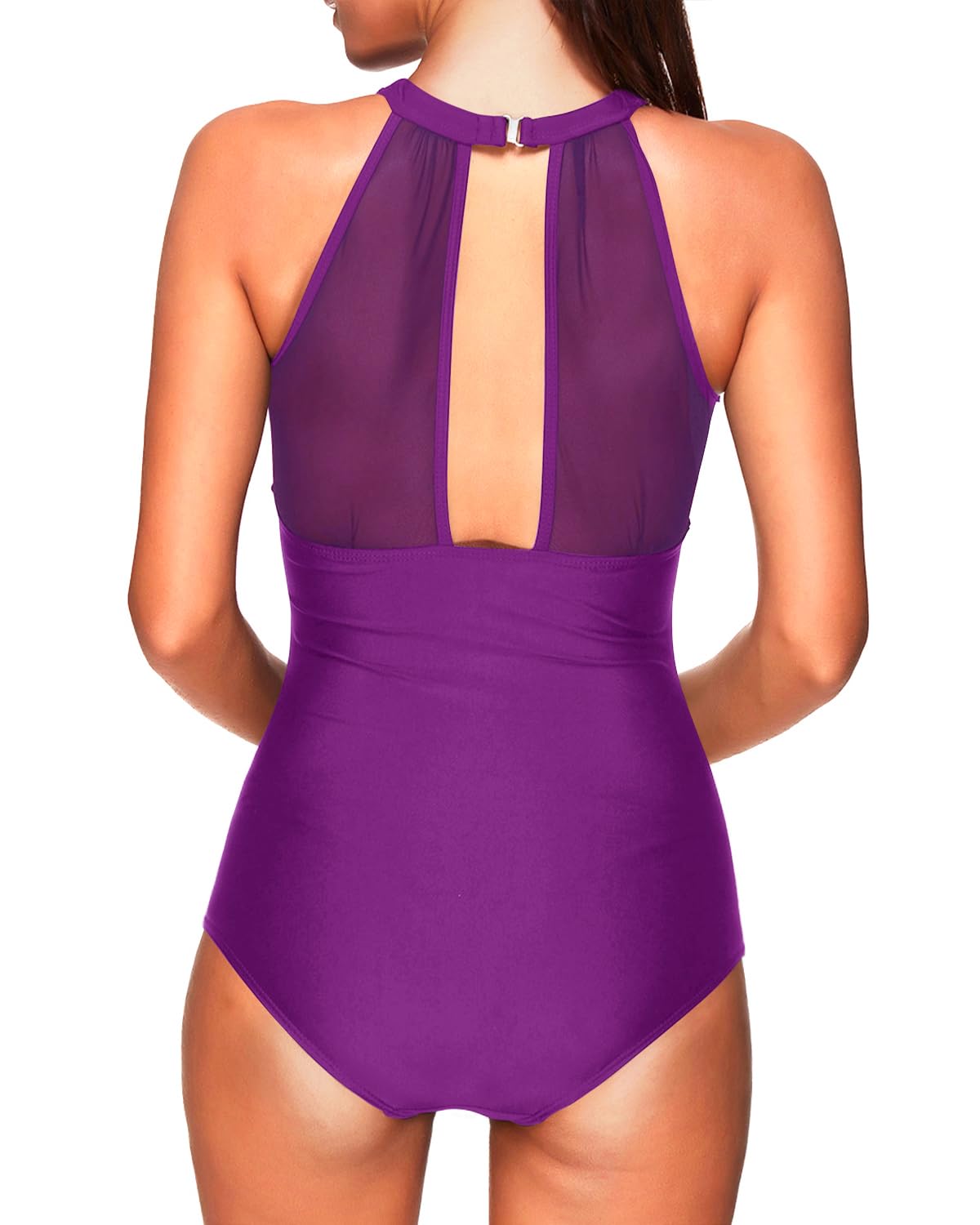Tempt Me Women One Piece Swimsuit Purple High Neck V-neck Mesh Ruch Swimwear 1X