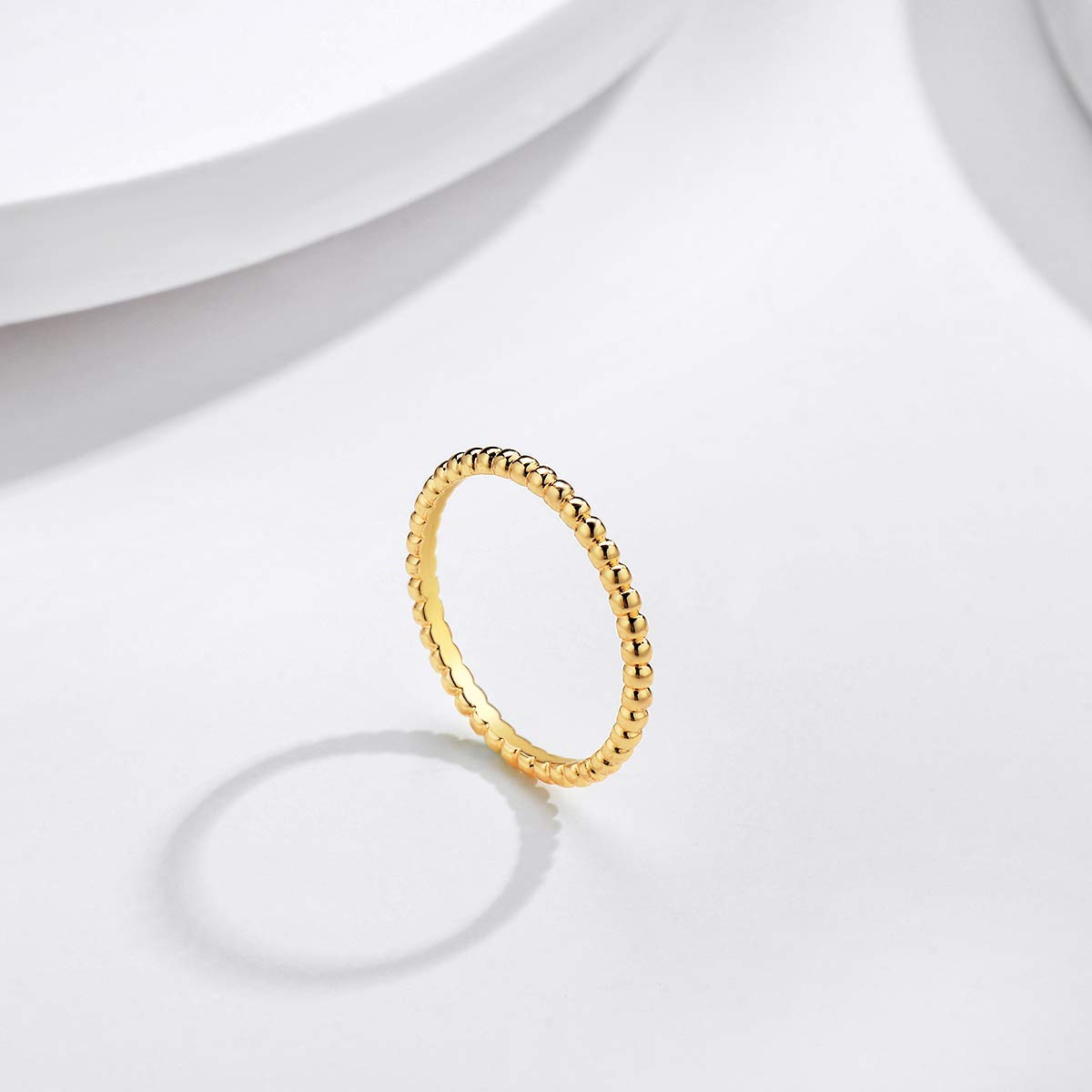 Valloey Rover 14K Gold Thin Beaded Rings, Full Bead Sterling Twisted Rope Wedding Band Stacking Ring for Women