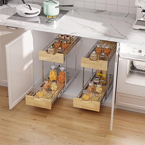 Sikarou Pull Out Cabinet Organizer,Heavy-Duty Slide Out Shelf, Wood And Wire Basket, Pull Out Drawer for for Kitchen Under Sink Space, Pantry, Bathroom, 2 Tie 14 * 21 IN