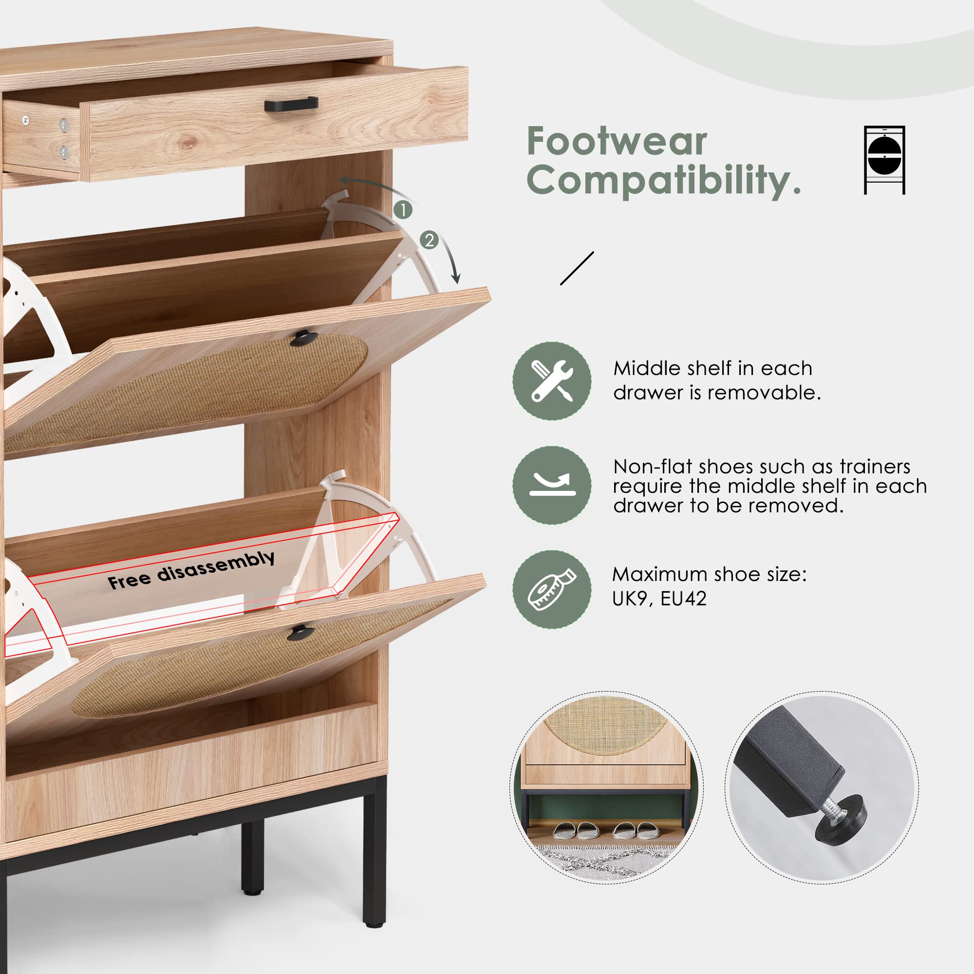 Yechen Shoe Rack Storage Organizer with 2 Natural Semi-Circular Rattan Doors, Entryway Wooden Shoe Cabinet for Sneakers, Leather Shoes, High Heels, Slippers (1 Piece, Oak)