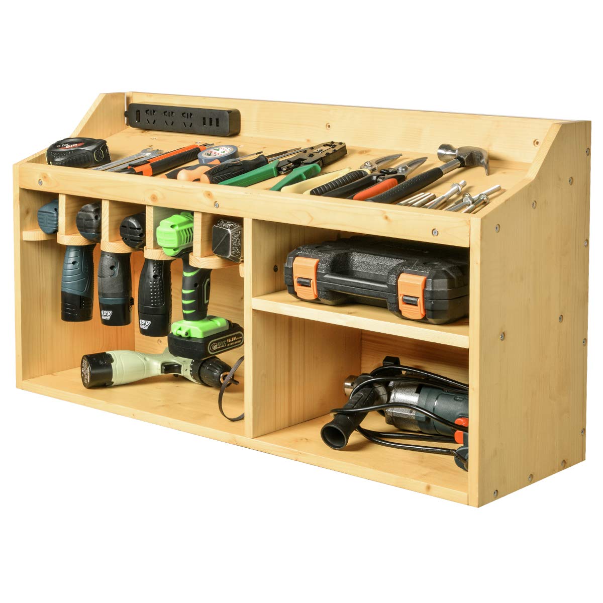 XCSOURCE Power Tool Organizers and Storage Cabinets, Wooden Drill Charging Station, 5 Slots Drill Holder Storage Racks Wall Mount with 3 Shelves for Work Bench, Wrench, Screwdriver, Drills