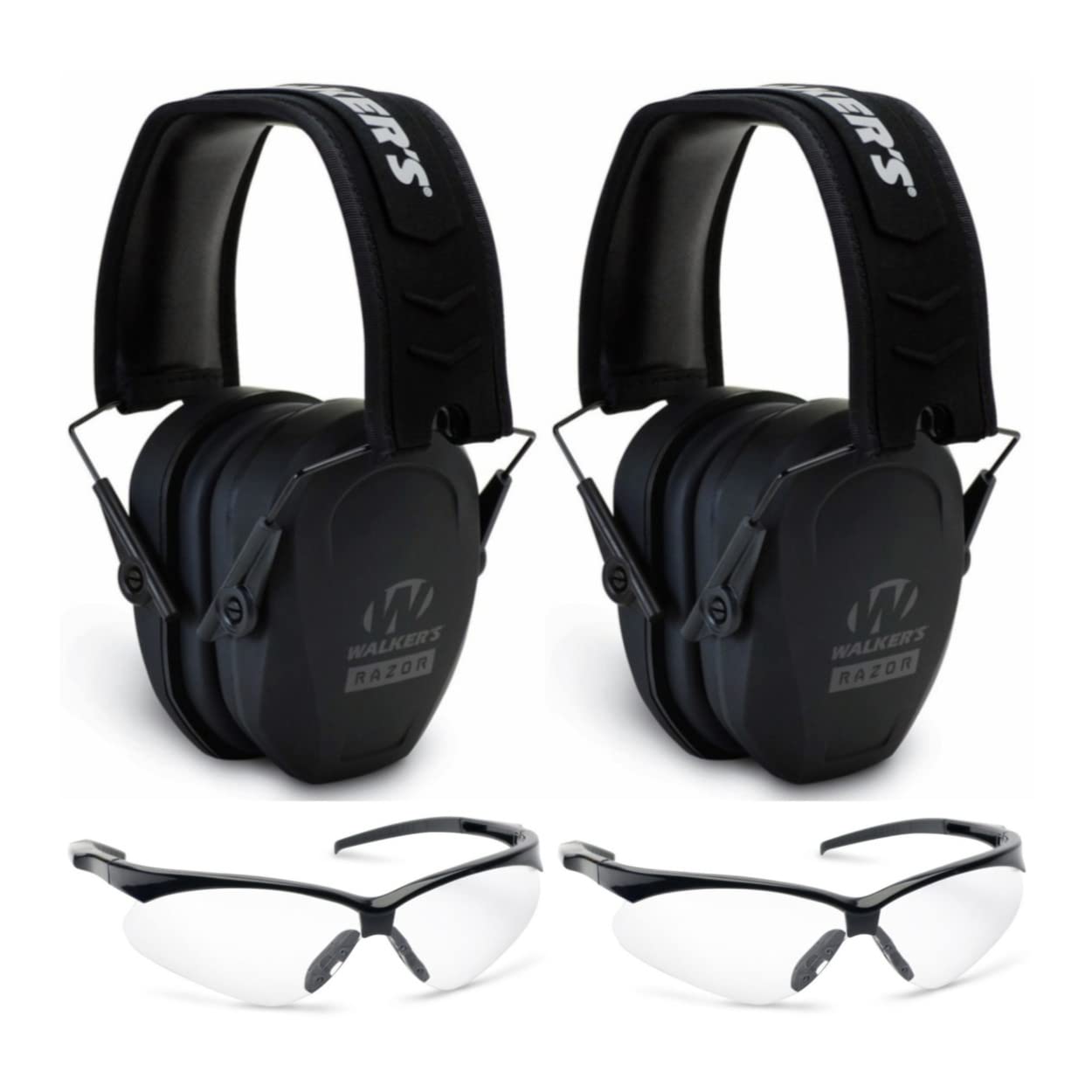 Walkers's Razor Slim Passive Safety Ear Muffs (Black) with Crosshair Sport Shooting Glasses 2-Pack Bundle (4 items)