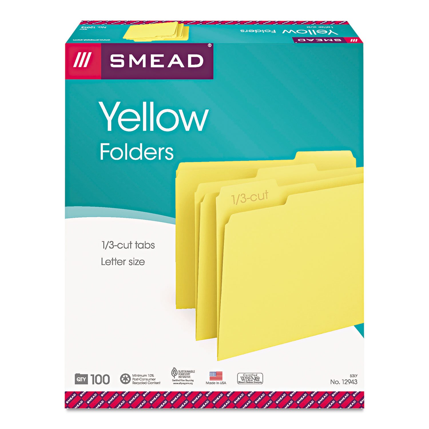Smead 12943 File Folders 1/3 Cut Top Tab Letter Yellow 100/Box