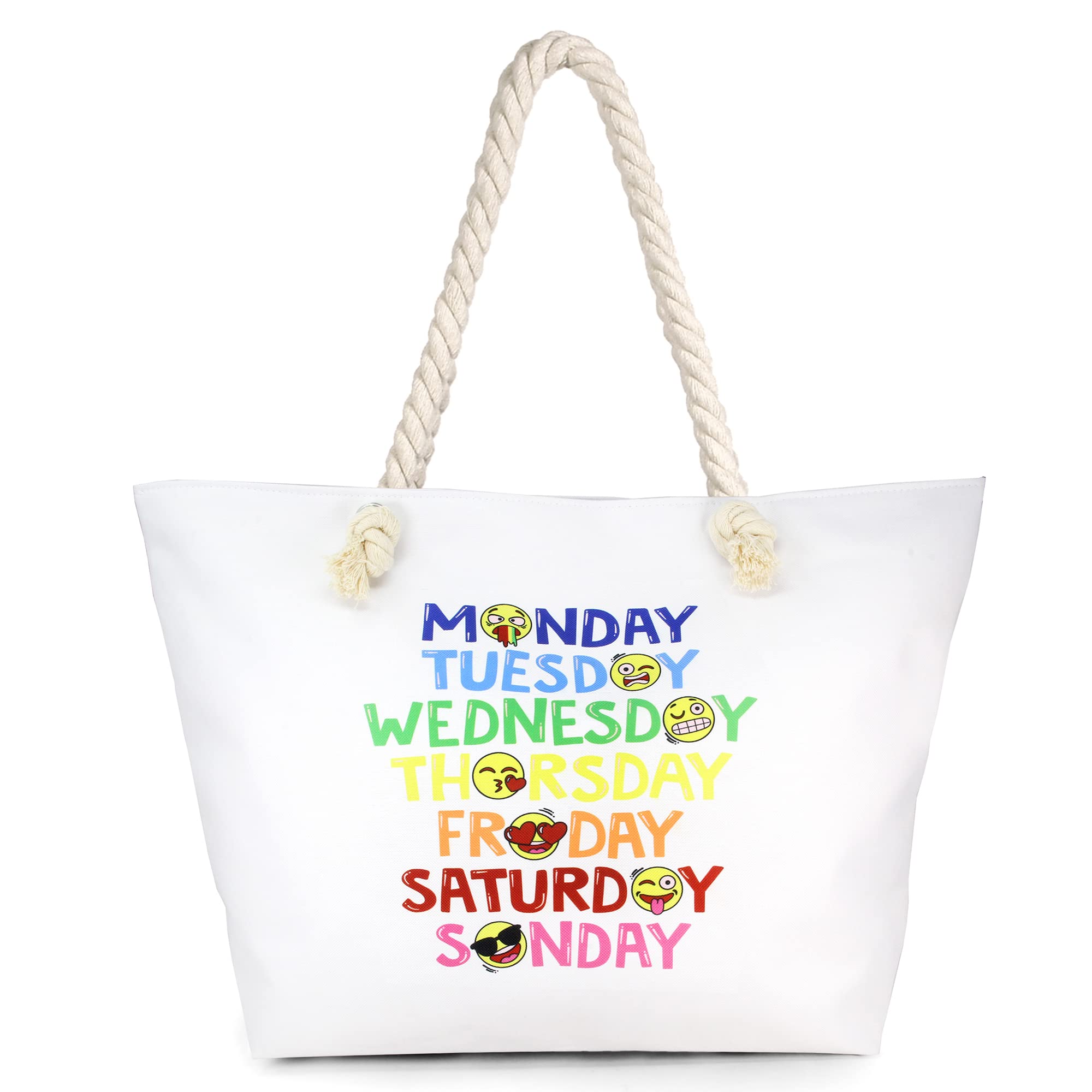 Women Fashion Large Beach tote bags, Top Zipper Closure Smiley Face Print Shoulder bag (Smile Multi - White)