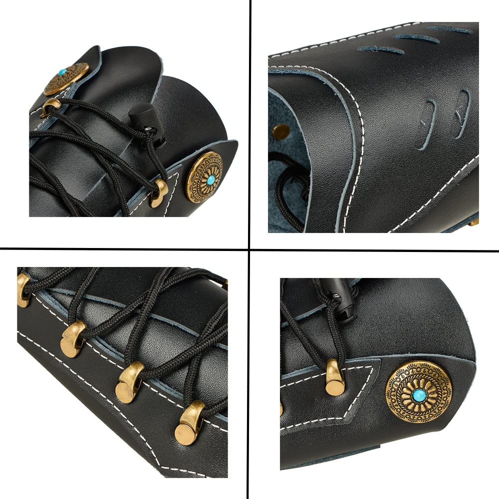 TOPARCHERY Handmade Leather Arm Guards Bow Hand Shooting Glove Adjustable for Hunting Shooting Arm Protector Wristband Gauntlet Unisex Medieval Bracer (Black)